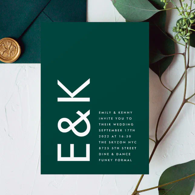 Ultra Modern Forest Bold Monogram Emerald Green Invitation | Zazzle
