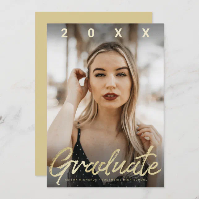 Ultra Modern Graduate Gold Brush Script Photo Card | Zazzle