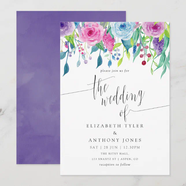 Ultra Violet color combo Watercolor Floral Wedding Invitation | Zazzle