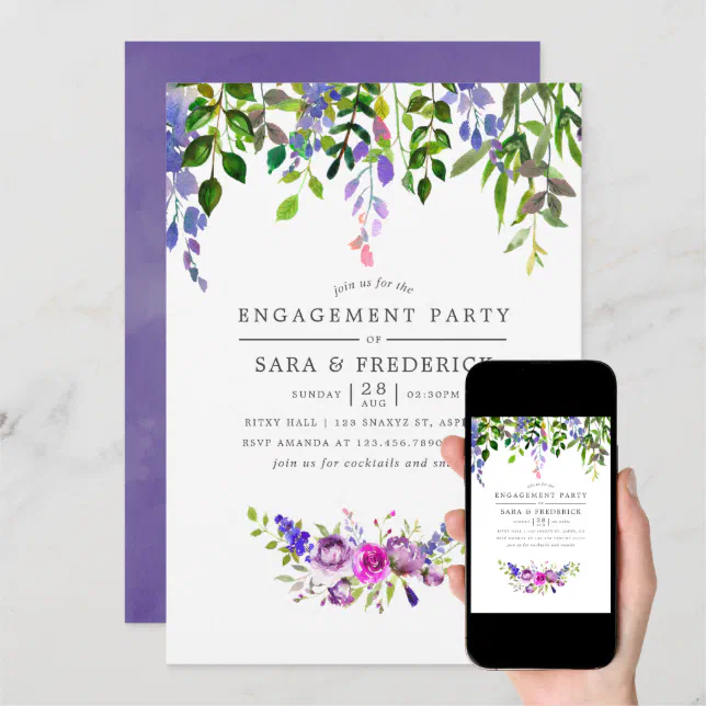 Ultra Violet Floral Engagement Party Invitation | Zazzle