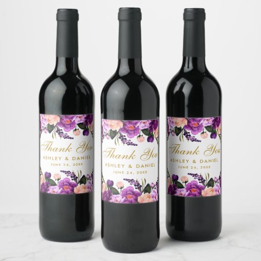 Ultra Violet Purple Floral Gold Wedding Wine Label | Zazzle