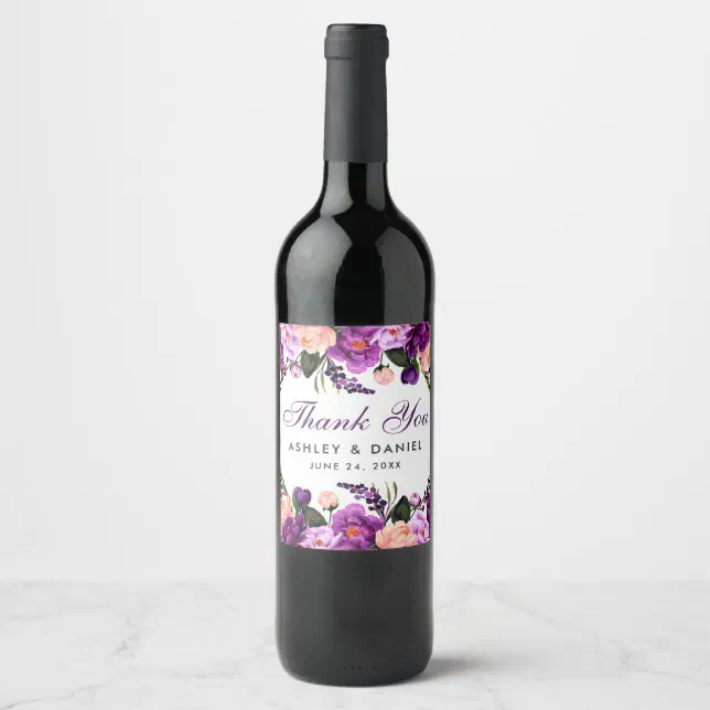 Ultra Violet Purple Floral Watercolor Wedding P Wine Label | Zazzle