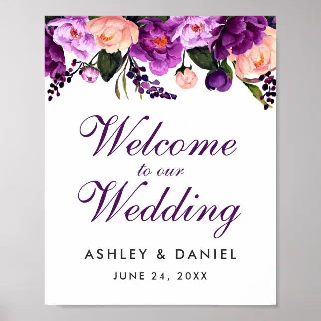 Ultra Violet Purple Floral Wedding Welcome Poster | Zazzle