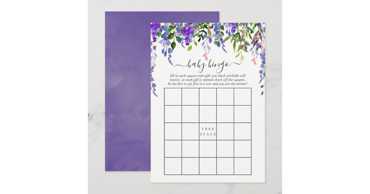 Ultra Violet Watercolor Floral Baby Bingo Invitation | Zazzle