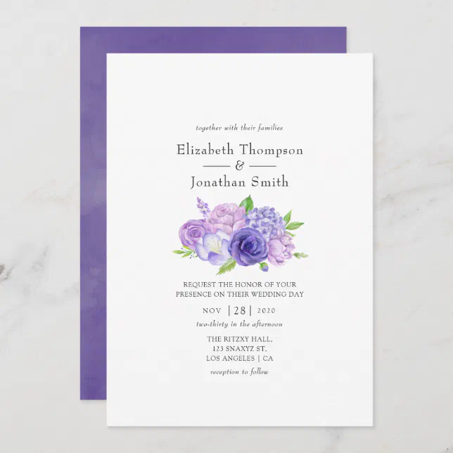 Ultra Violet Watercolor Floral Wedding Invitation | Zazzle