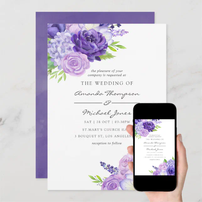 Ultra Violet Watercolor Floral Wedding Invitation | Zazzle