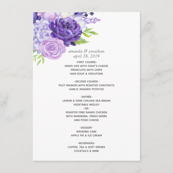 Ultra Violet Watercolor Floral Wedding Menu | Zazzle.com