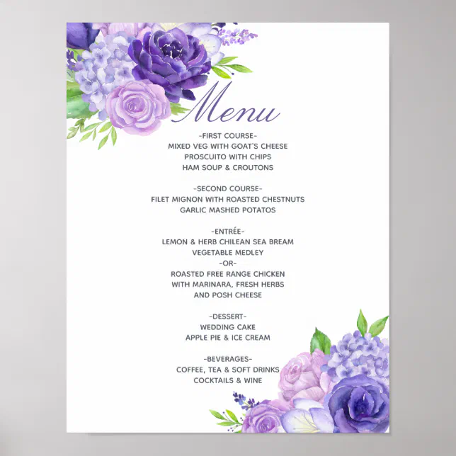 Ultra Violet Watercolor Floral Wedding Menu Poster | Zazzle