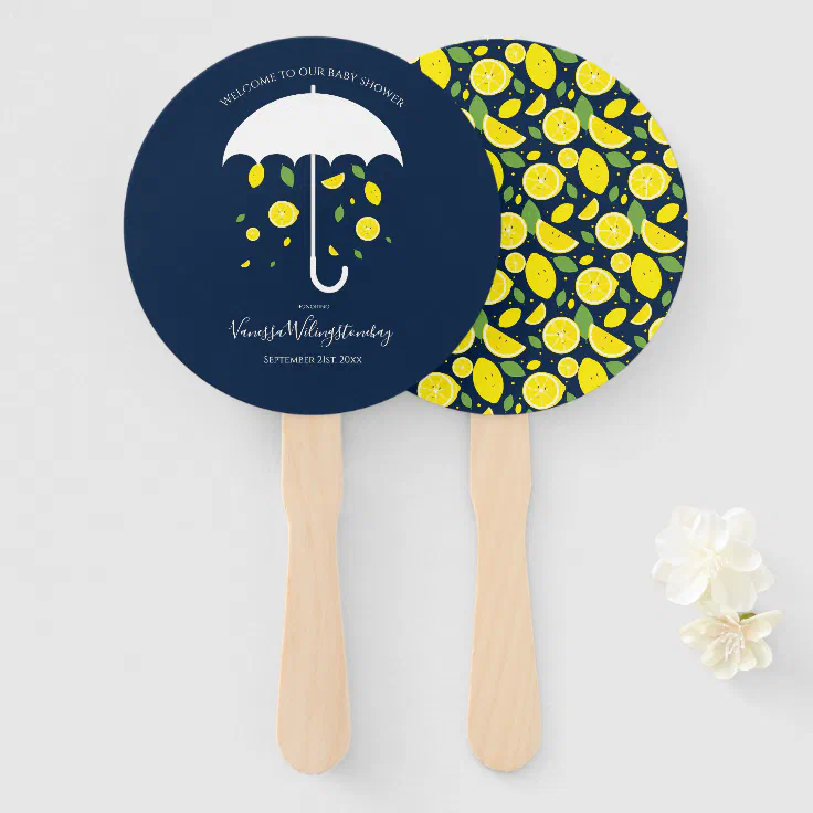 Umbrella Lemons Blue Cartoon Baby Shower Hand Fan | Zazzle