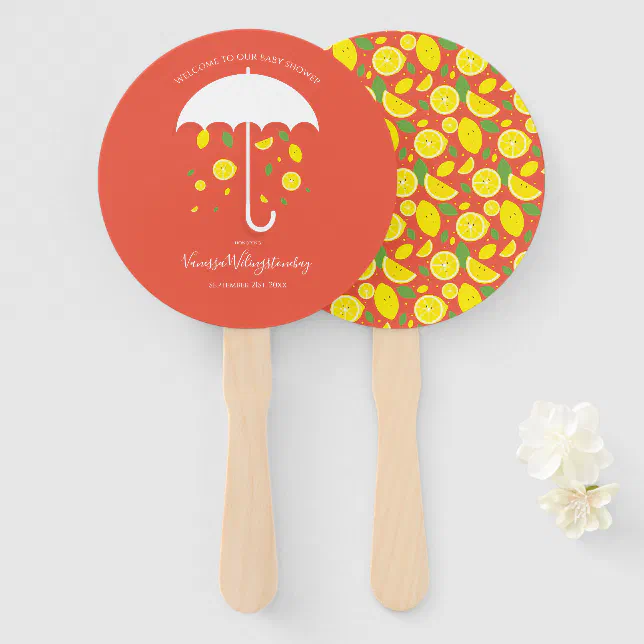 Umbrella Lemons Orange Red Cartoon Baby Shower Hand Fan | Zazzle