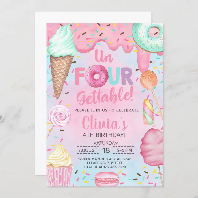 Un-four-gettable sweets girl 4th birthday invite. invitation | Zazzle