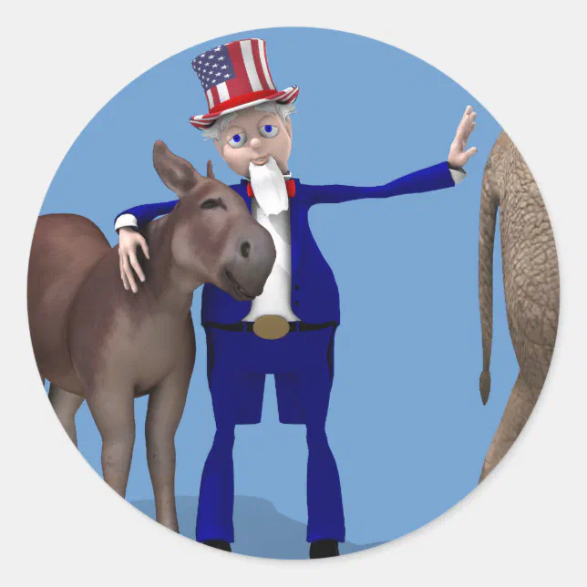 Uncle Sam Hugs Happy Donkey Classic Round Sticker | Zazzle