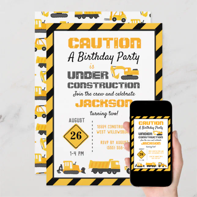 Under Construction Birthday Party Invitation | Zazzle