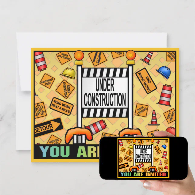 Under Construction Theme Kids Party Invitation | Zazzle