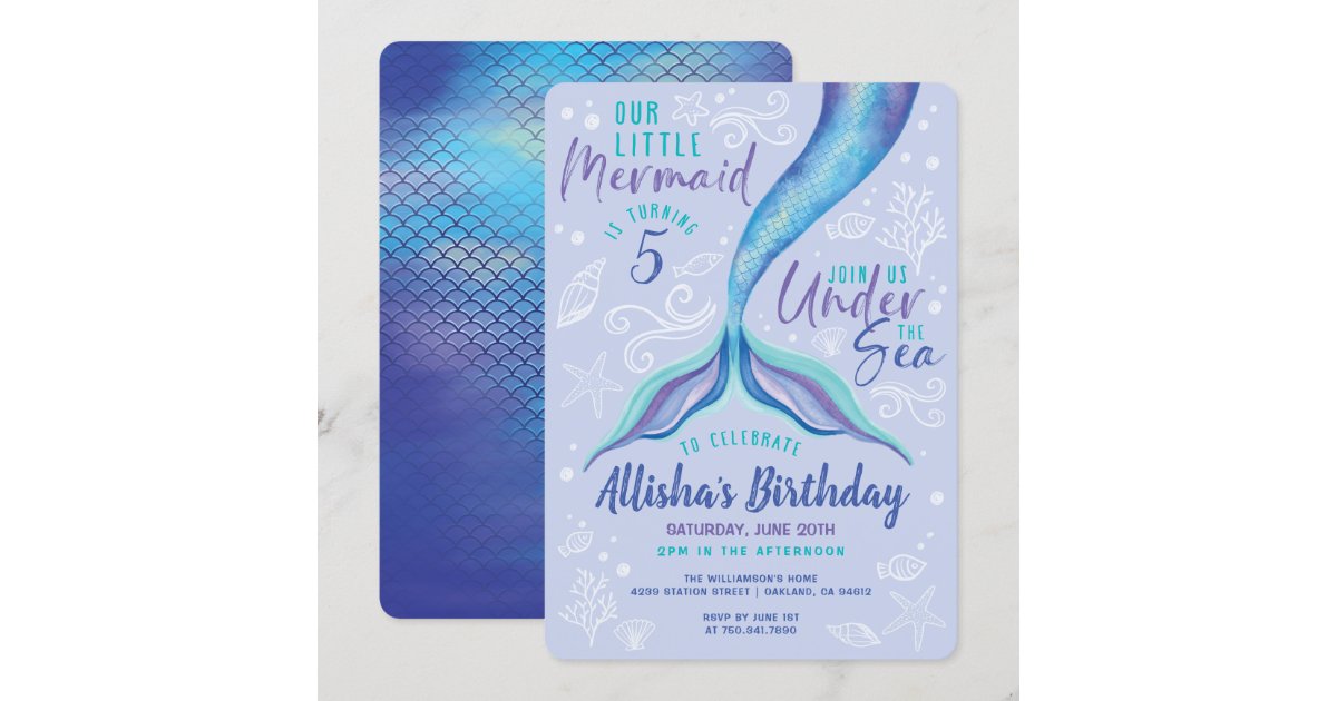 Under The Ocean Blue Iridescent Watercolor Mermaid Invitation | Zazzle