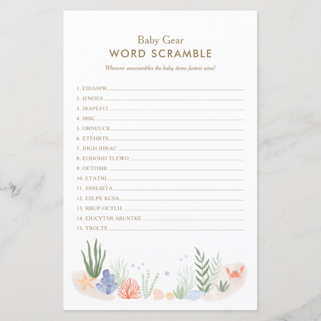 Under the Sea Baby Shower Word Scramble Game | Zazzle
