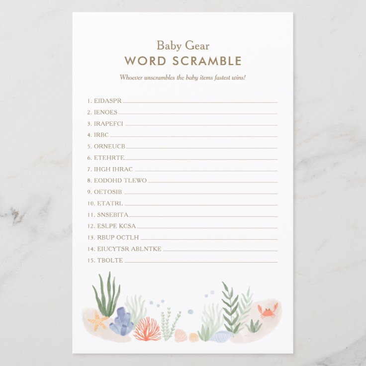 Under the Sea Baby Shower Word Scramble Game | Zazzle