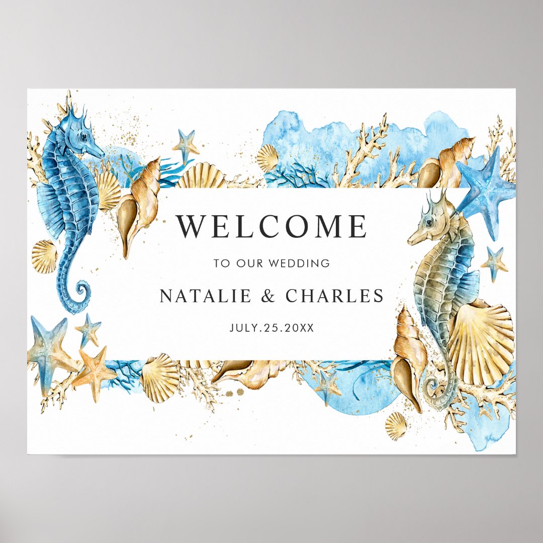 Under the Sea Blue Gold Wedding Welcome Sign | Zazzle