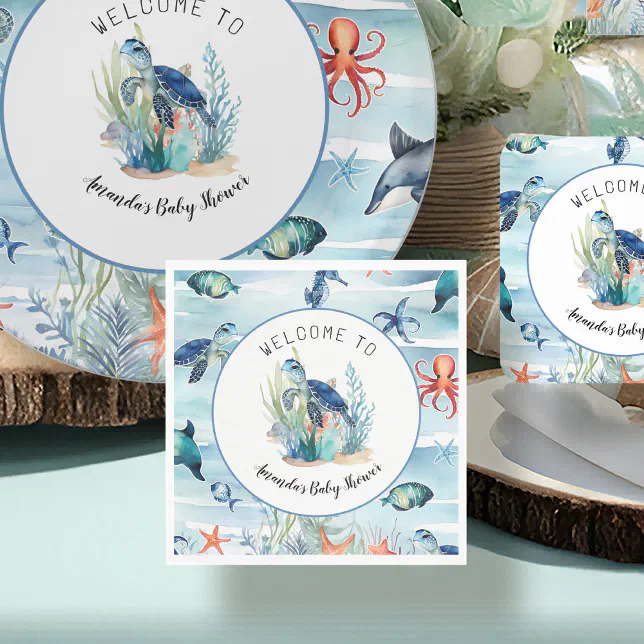 Under the Sea Blue Turtle Boy Baby Shower Napkins | Zazzle