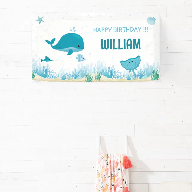 Under the Sea, Blue Whale, Ocean Animals Banner | Zazzle