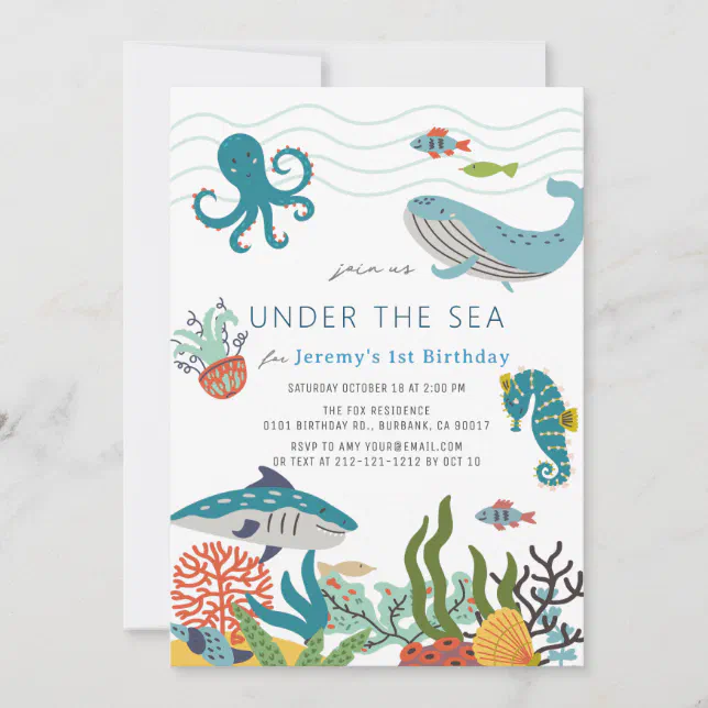 Under the Sea Creatures Marine Life 1st Birthday Invitation | Zazzle