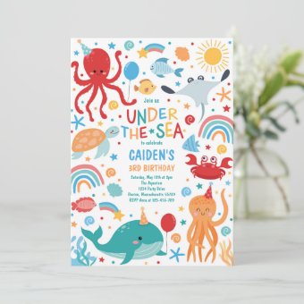 Under The Sea Cute Sea Creatures Birthday Party Invitation | Zazzle