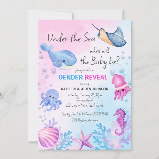Under the sea gender reveal cute sea critters invitation | Zazzle