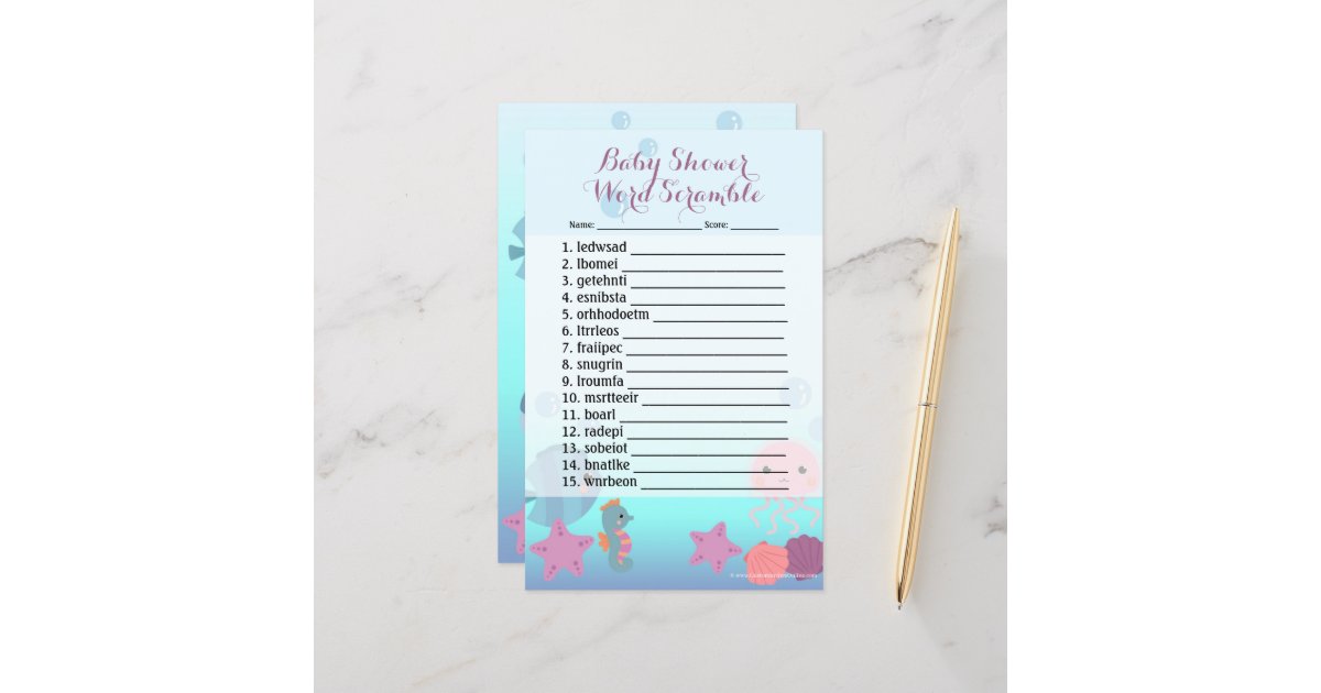 Under the Sea Girl Baby Shower Word Scramble Game | Zazzle