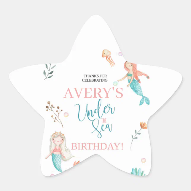 UNDER THE SEA, MERMAID BIRTHDAY,WATERCOLOR MERMAID STAR STICKER | Zazzle
