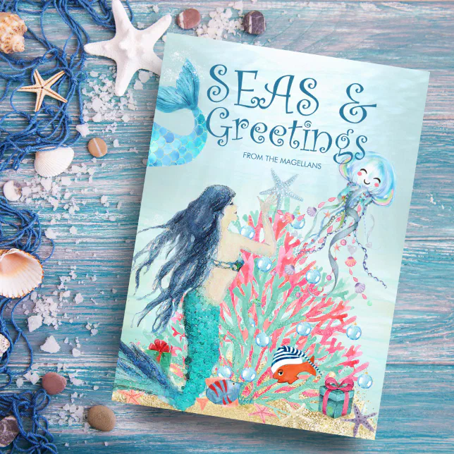 Under the Sea Mermaid Coral Christmas Tree Holiday Card | Zazzle