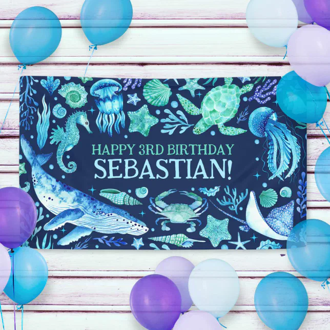 Under the Sea Ocean Animals Navy Blue Watercolor Banner | Zazzle