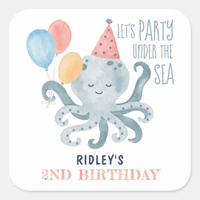 Under The Sea Octopus Watercolor Birthday Square Sticker | Zazzle