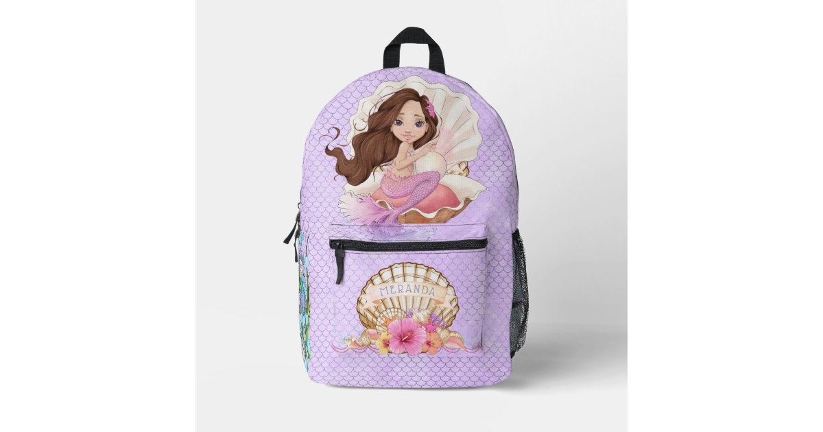 Under the Sea Pink and Purple Mermaid (Brunette) Printed Backpack | Zazzle