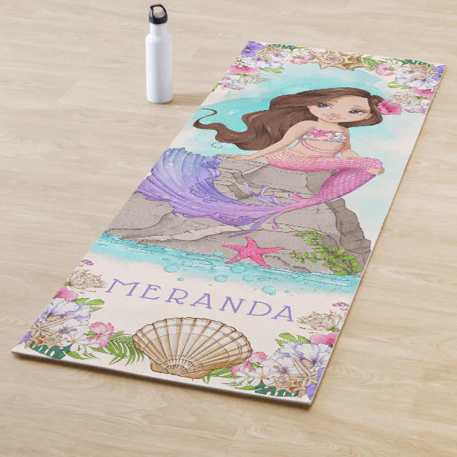 Under the Sea Pink and Purple Mermaid (Brunette) Yoga Mat | Zazzle