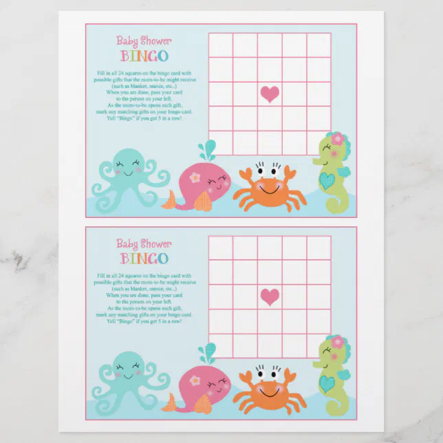 Under the Sea/Pink Whale "Baby Shower Bingo" sheet | Zazzle