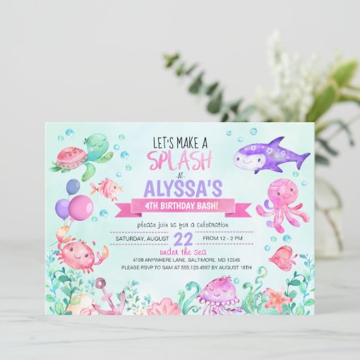 Under The Sea Splash Birthday Girl Invitation | Zazzle