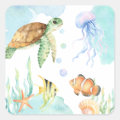 Under the Sea Turtle, Jellyfish & Fish Ocean Party Square Sticker | Zazzle