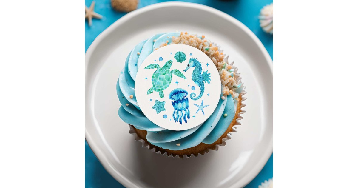 Under the Sea Watercolor Blue Ocean Animals Edible Frosting Rounds | Zazzle
