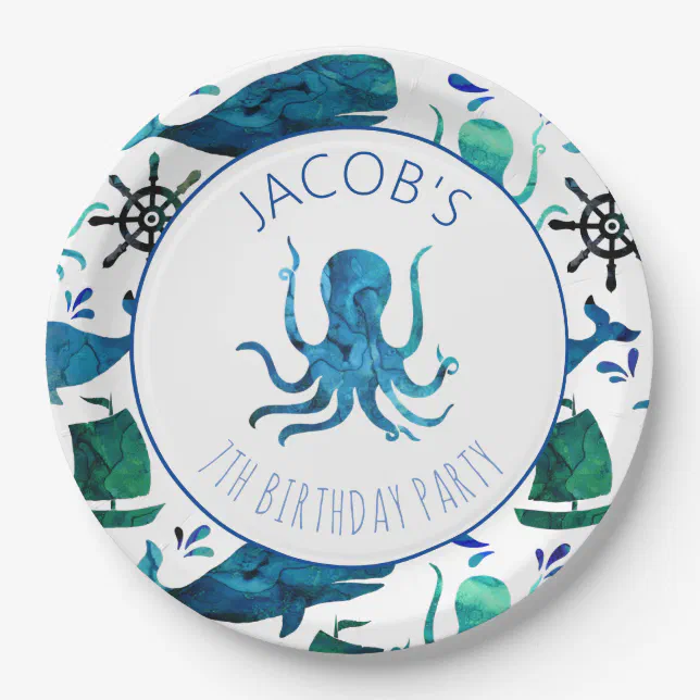 Under The Sea Watercolor Ocean Octopus Birthday Paper Plates | Zazzle