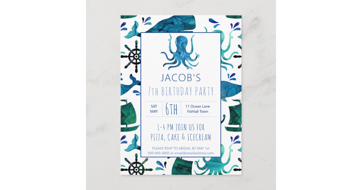 Under The Sea Watercolor Octopus Birthday Nautical Invitation Postcard ...
