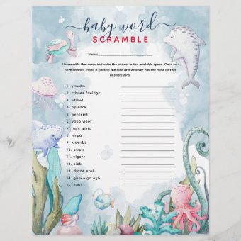Under-the-Sea 'Word Scramble' Baby Shower Game | Zazzle