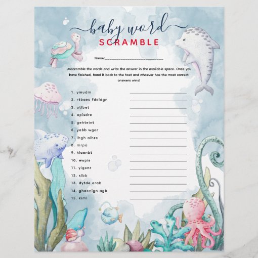 Under-the-Sea 'Word Scramble' Baby Shower Game | Zazzle
