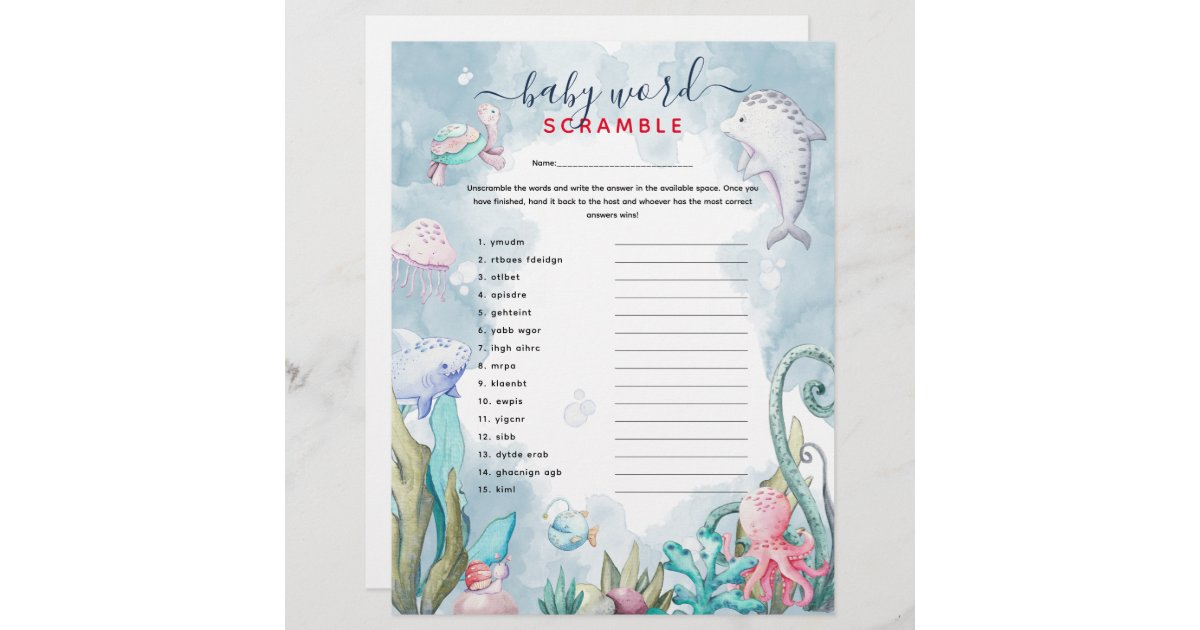 Under-the-Sea 'Word Scramble' Baby Shower Game | Zazzle