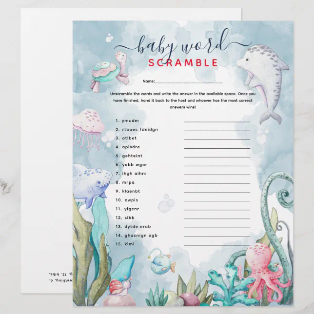 Under-the-Sea 'Word Scramble' Baby Shower Game | Zazzle