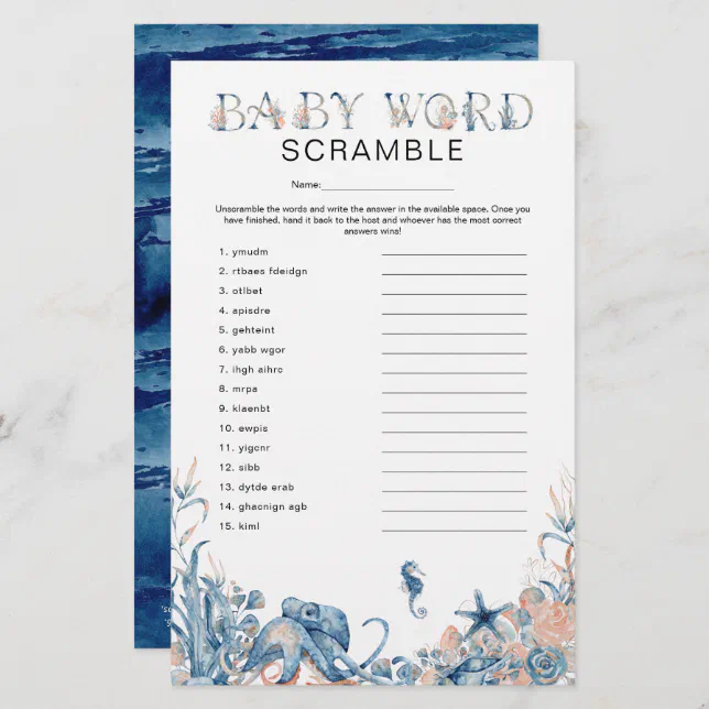 Under the Sea 'Word Scramble' Game Baby Shower | Zazzle