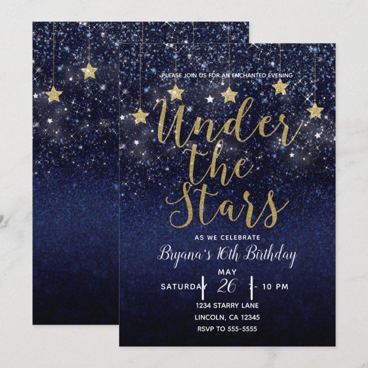 Under The Stars Starry Night Gold Blue Prom Party Invitation | Zazzle