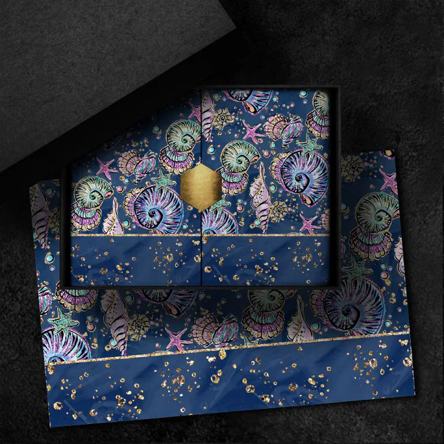 Underwater Blue Luxe | Pastel Gold Seashells Tissue Paper | Zazzle