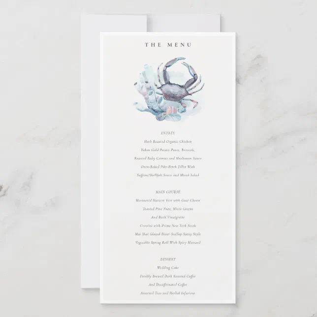 Underwater Crab Coral Nautical Wedding Menu Card | Zazzle