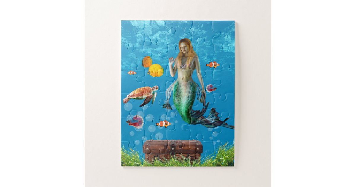 Underwater Mermaid Treasure Hunt Fantasy Blue Jigsaw Puzzle | Zazzle