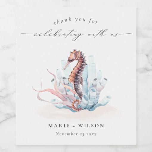 Underwater Seahorse Seaweed Coral Wedding Wine Label | Zazzle
